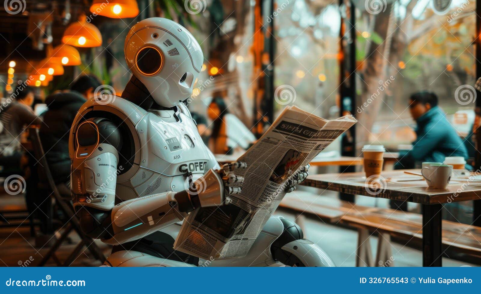 Humanoid Robot Reads Newspaper in Cafe during Daytime Stock ...