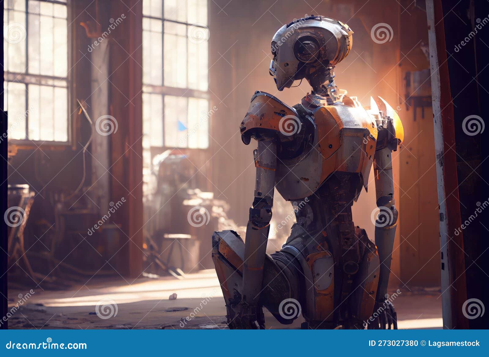 A Humanoid Robot with Rusty Sits Contemplating in Old Abandoned Factory ...
