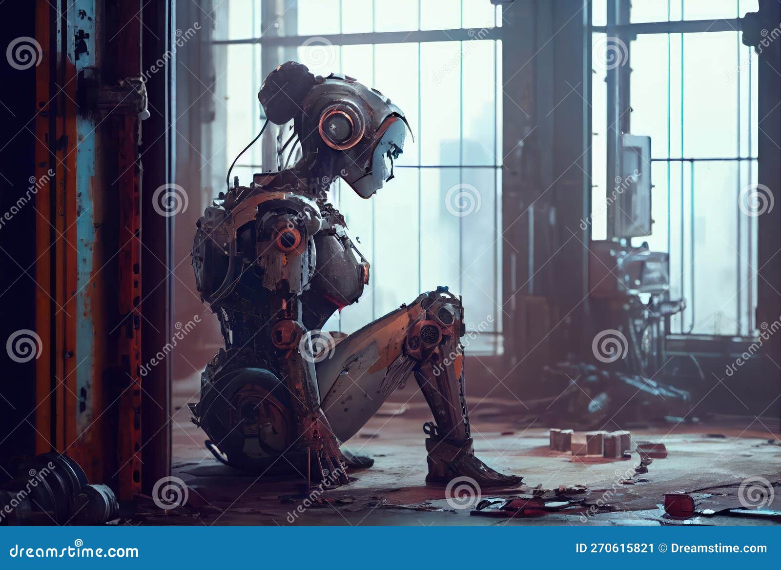 A Humanoid Robot with Rusty Sits Contemplating in Old Abandoned Factory ...