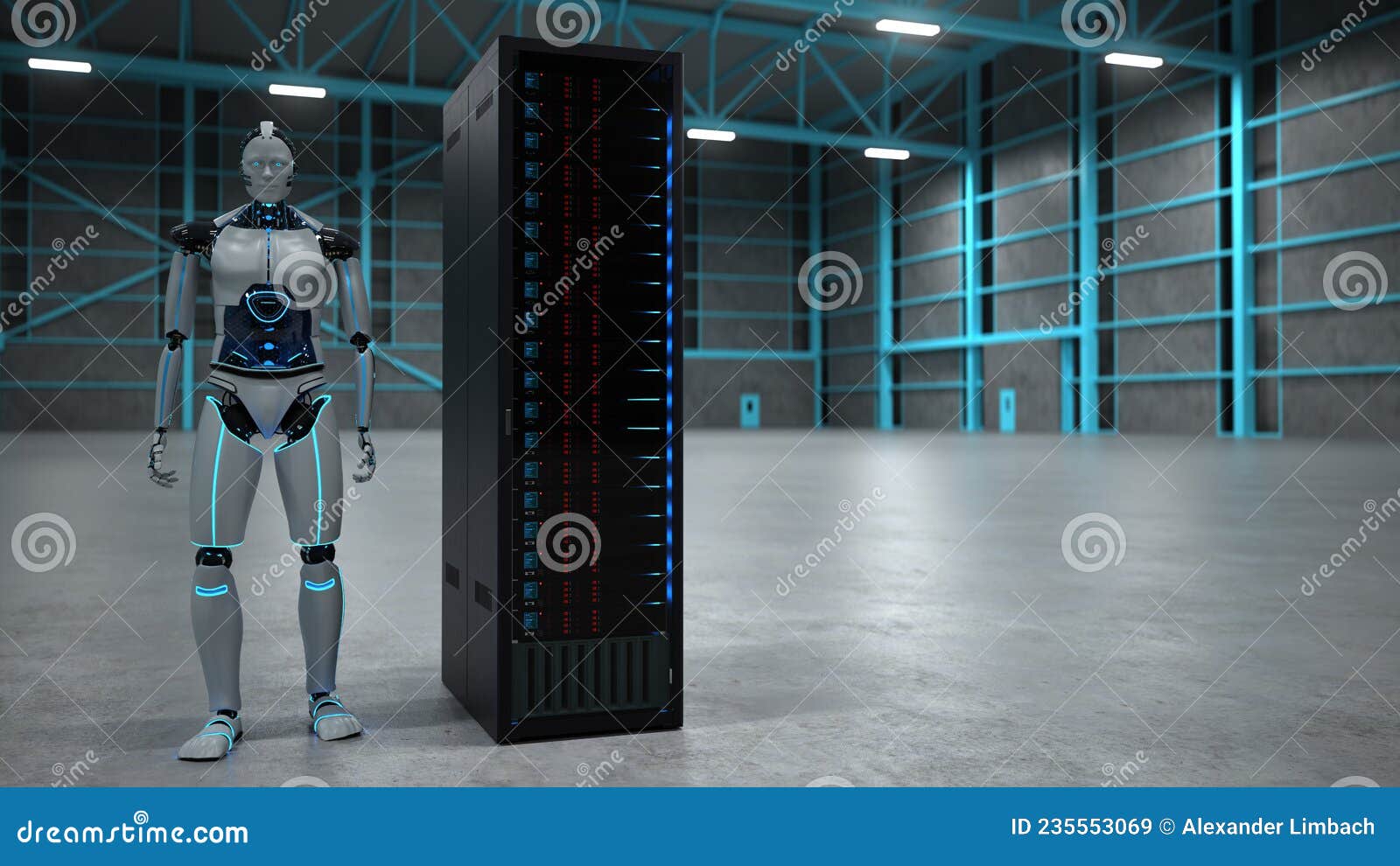 Humanoid Robot Server Hall stock illustration. Illustration of ...