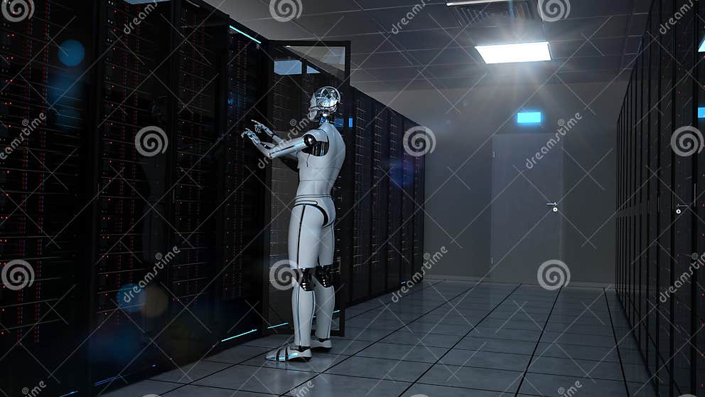 Humanoid Robot Server Room Maintenance Stock Illustration ...