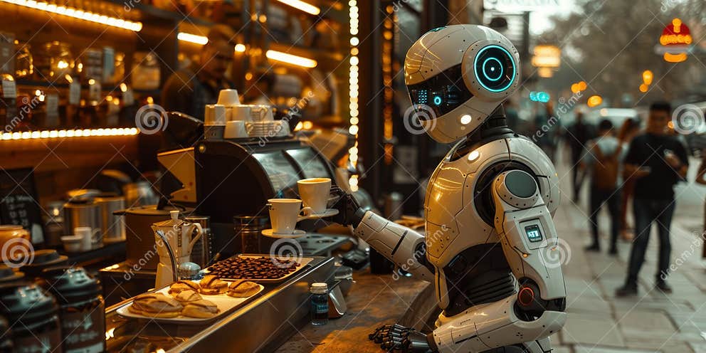 Humanoid Robot Serving Coffee In A Bustling Outdoor Cafe With Pastries