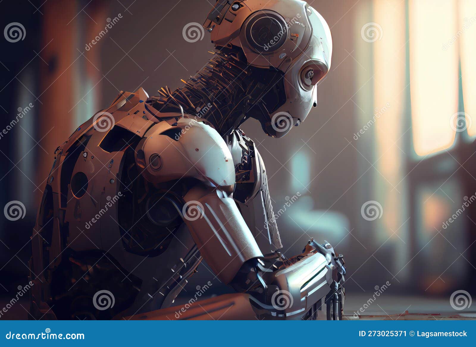 A Humanoid Robot Sits Contemplating on the Side of a City Street ...