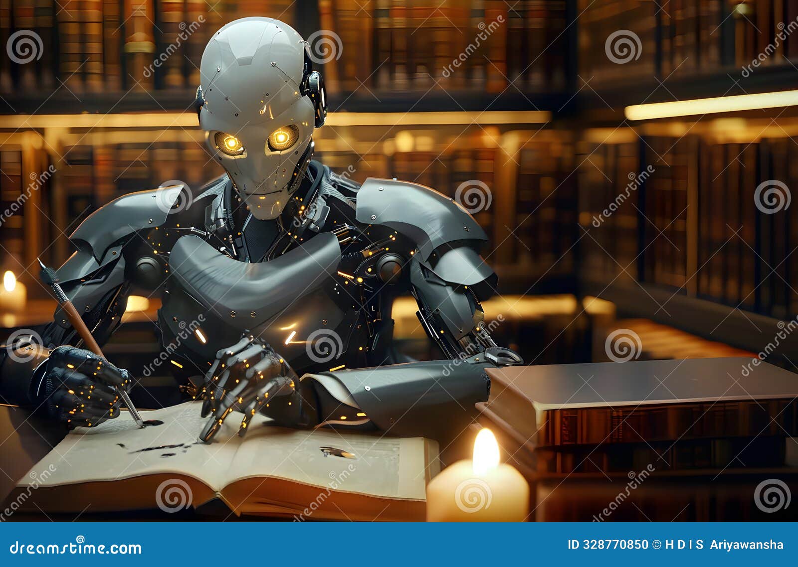AI Scholar: Robot in a Library Stock Illustration - Illustration of ...