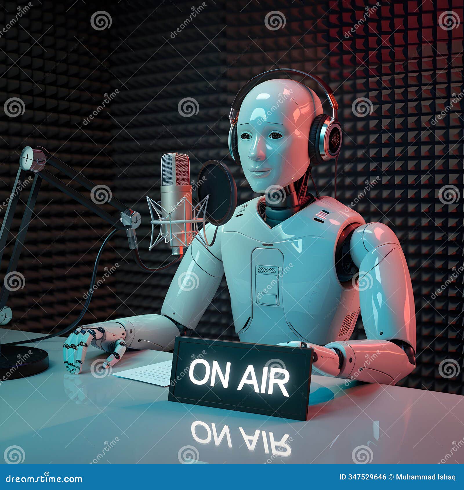 Humanoid Robot with Headphones Interacts in Front of a Microphone Stock ...