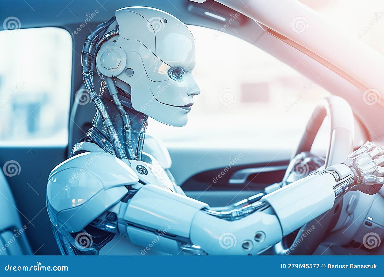 Humanoid Robot Sitting in a Car Behind the Steering Wheel, Generative ...