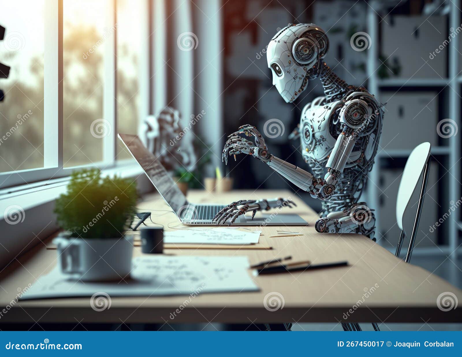 A Humanoid Robot Sitting at a Desk Standing in for Humans, Doing Study ...