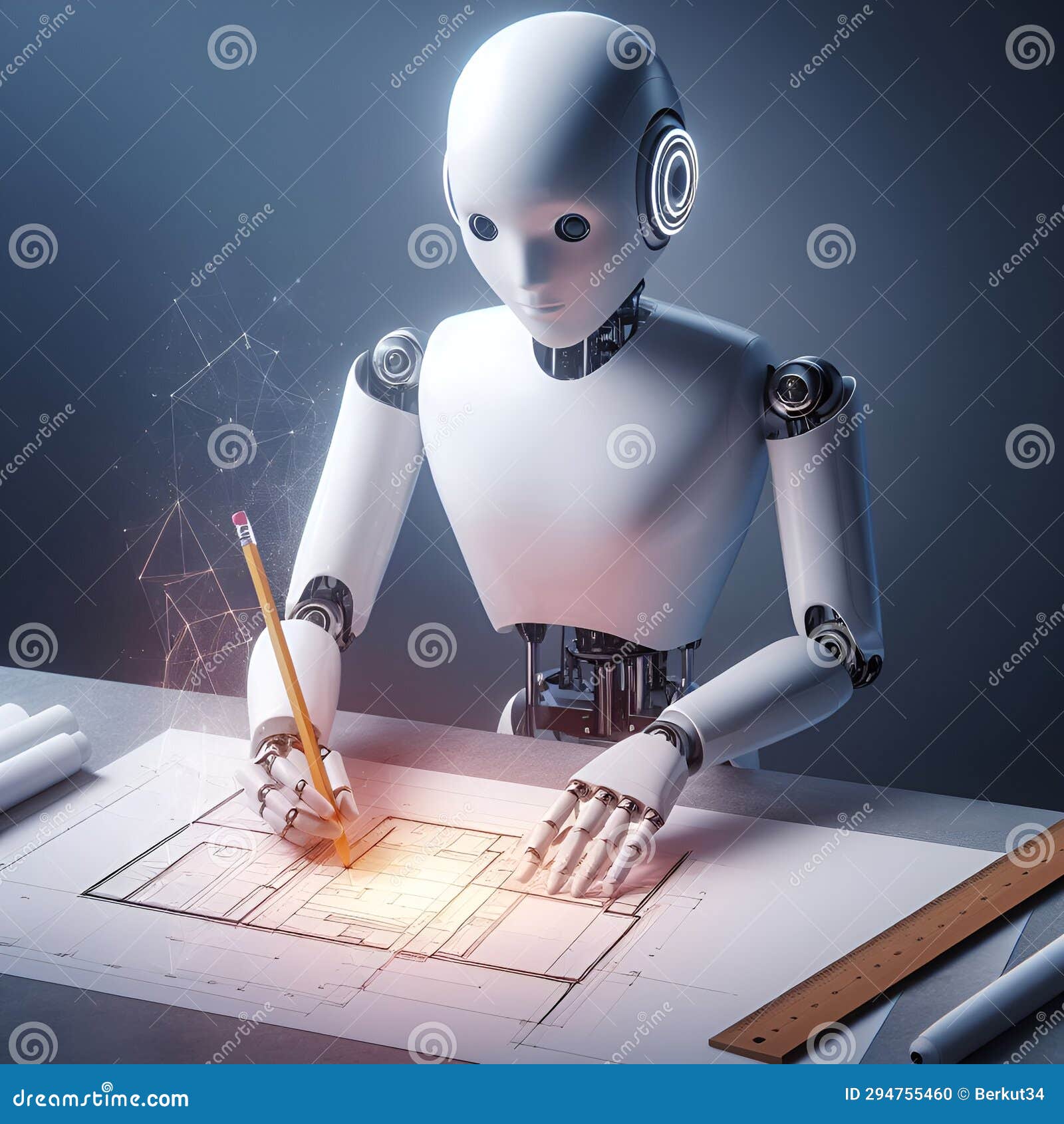 Humanoid Robot Sitting at Table and Drawing Construction Plan Stock ...