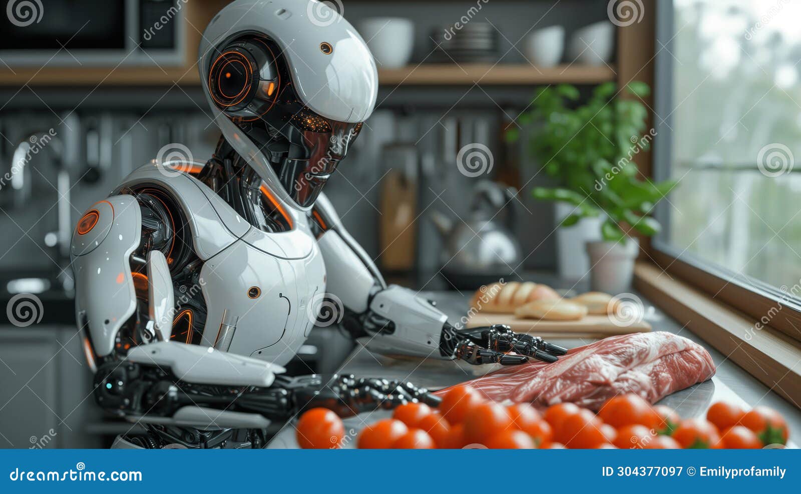 Humanoid Robot Skillfully Slices Fresh Meat in Modern Kitchen Stock ...