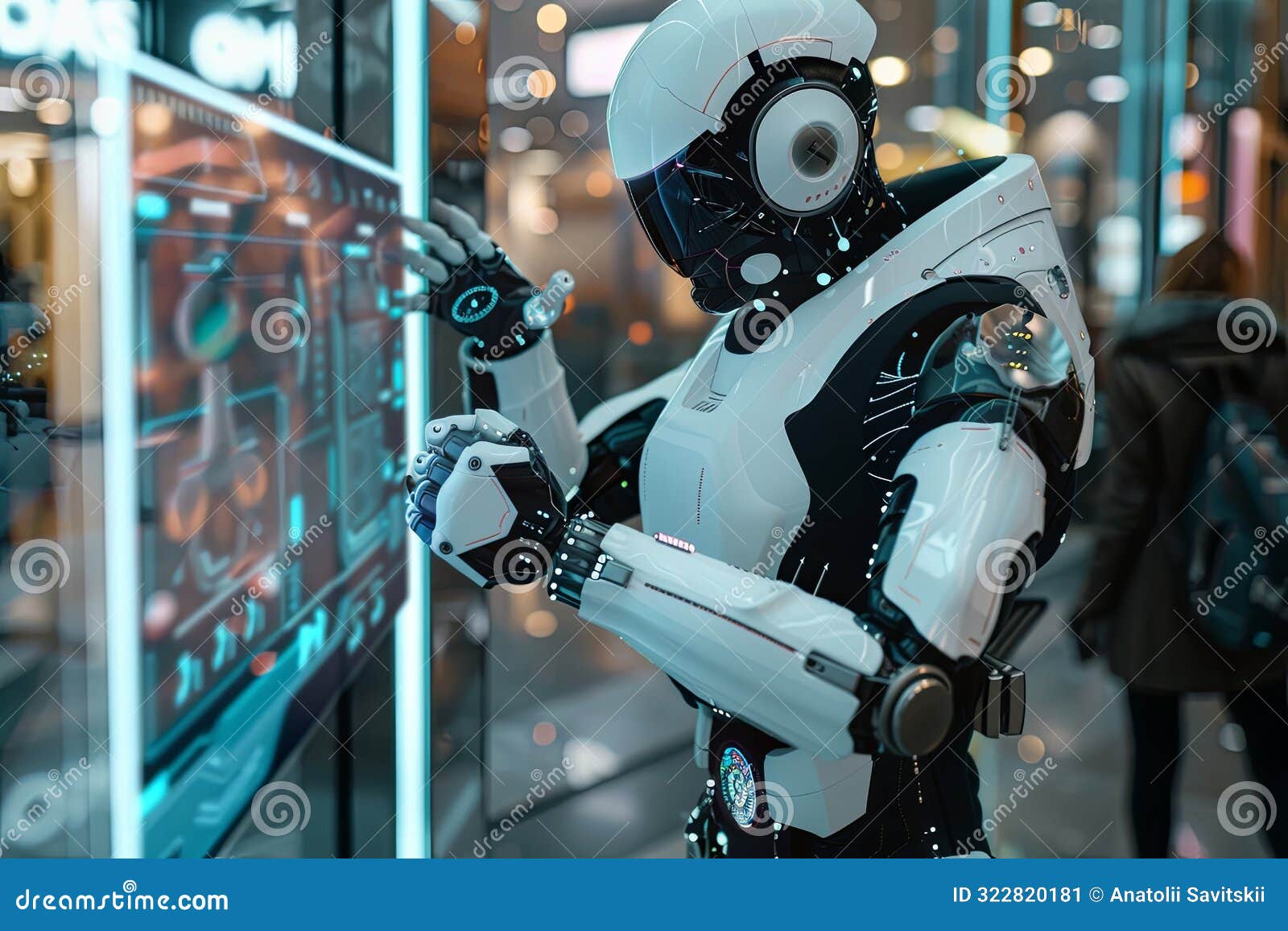 A Humanoid Robot with a Sleek, White Design Uses a Touchscreen ...