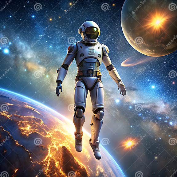 Humanoid Robot in Space Surrounded by Planets and Stars Advanced Sci-Fi ...