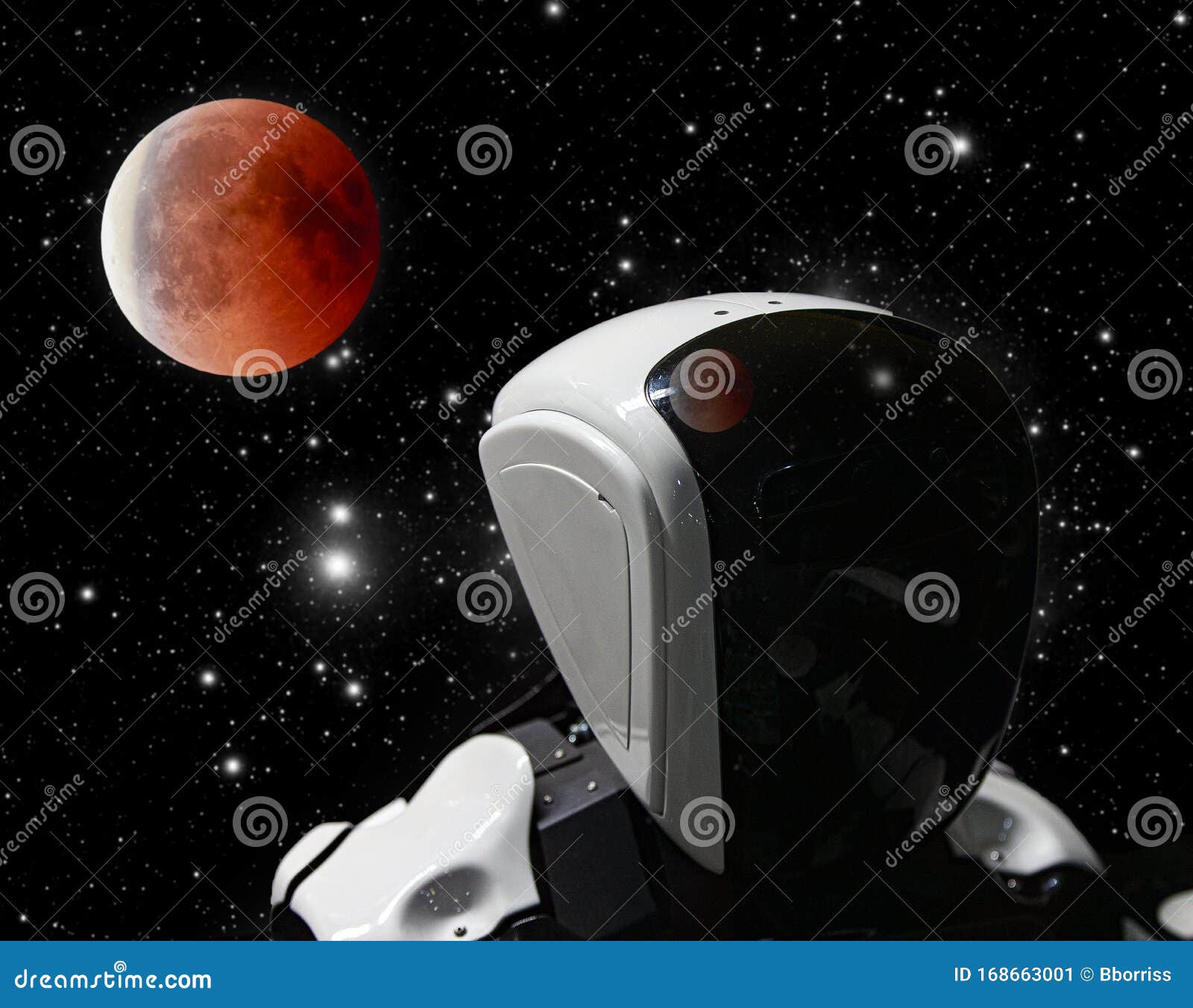 Humanoid Robot in Space with a View of the Moon Stock Image - Image of ...