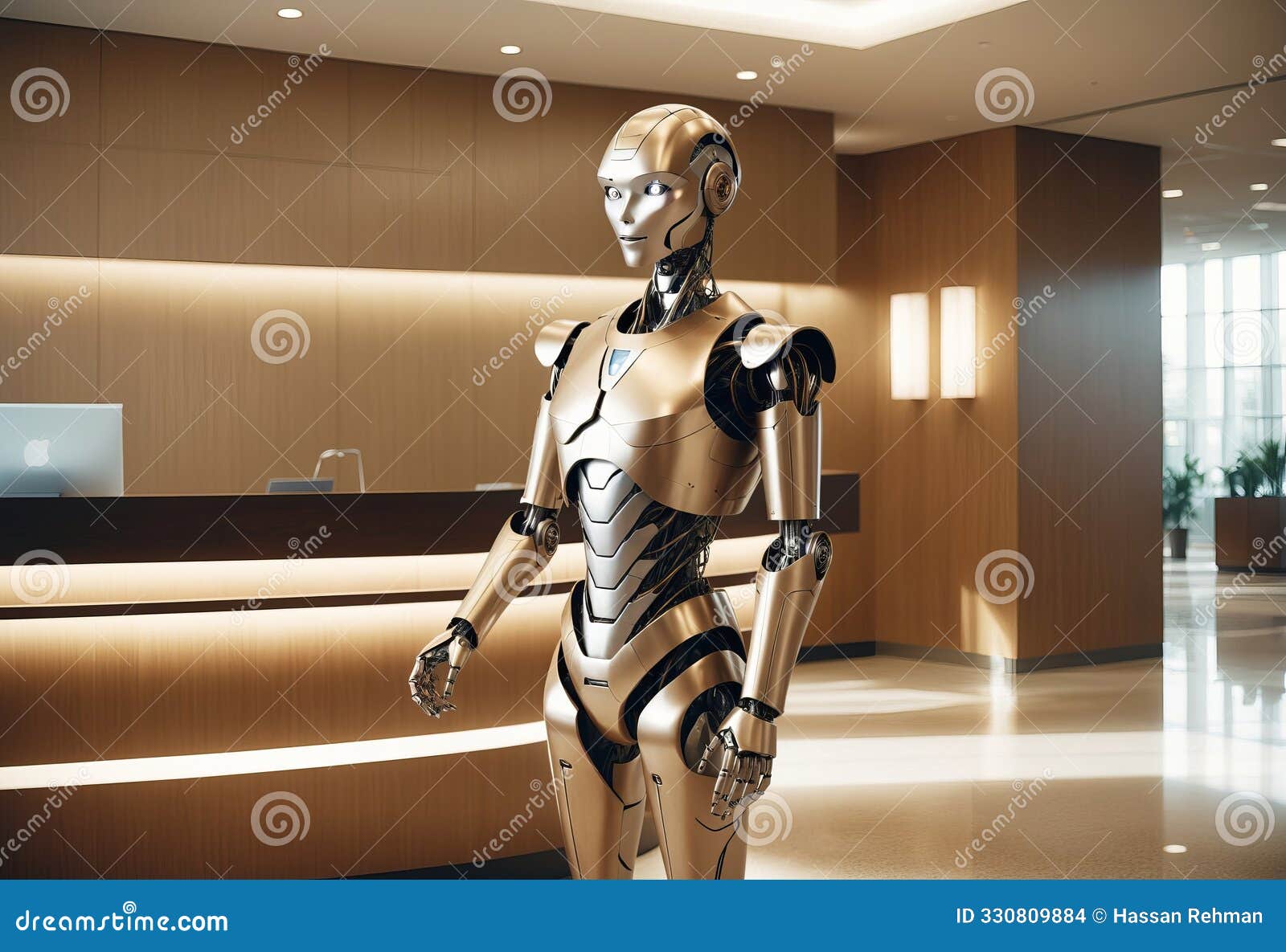 A Humanoid Robot Standing At A Reception Desk In A Modern Office Lobby ...
