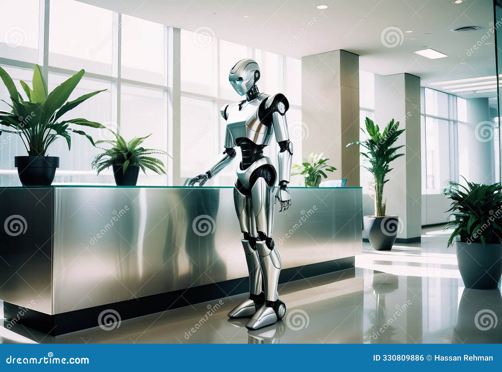 A Humanoid Robot Standing at a Reception Desk in a Modern Office Lobby ...