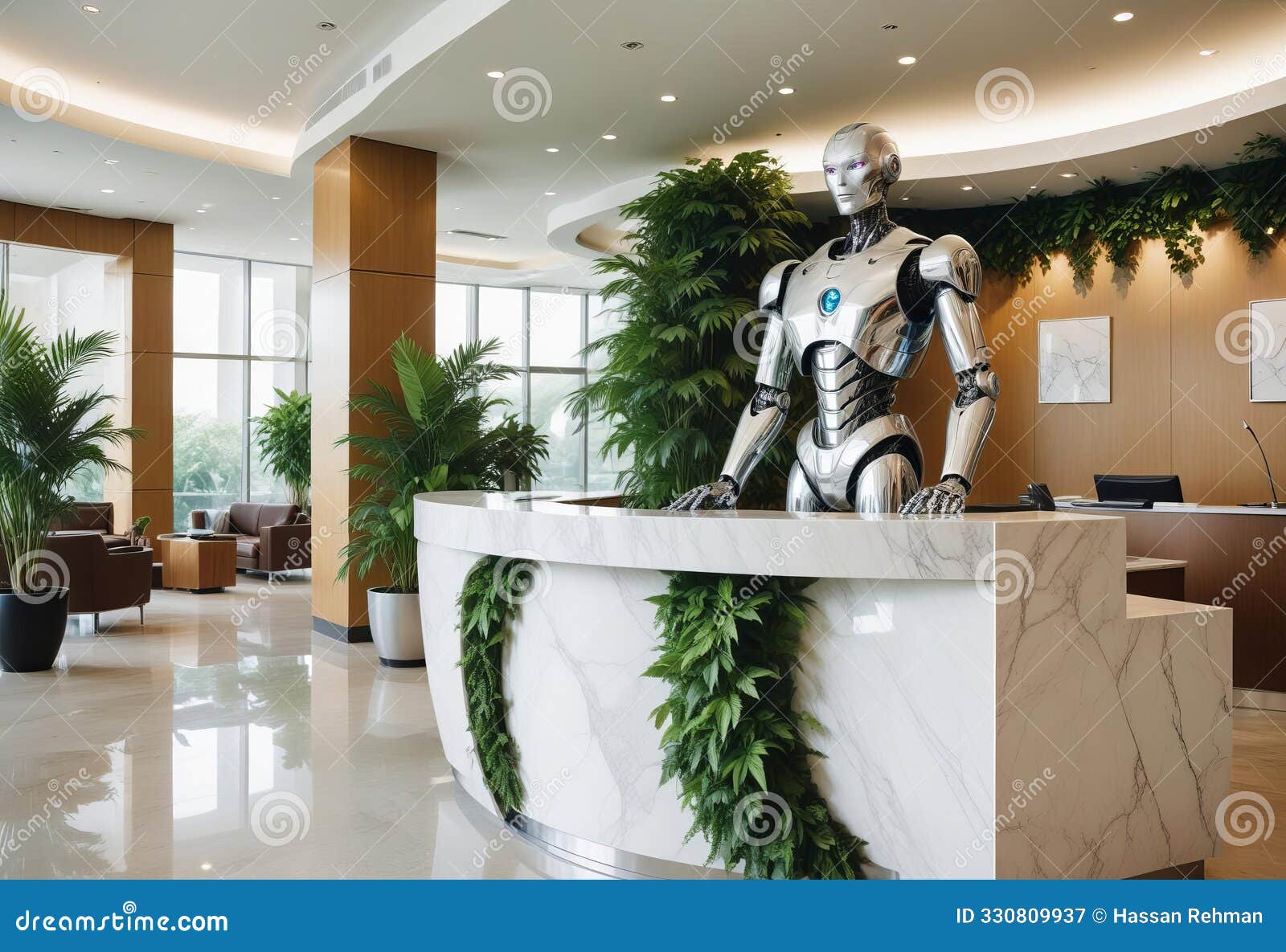 A Humanoid Robot Standing at a Reception Desk in a Modern Office Lobby ...