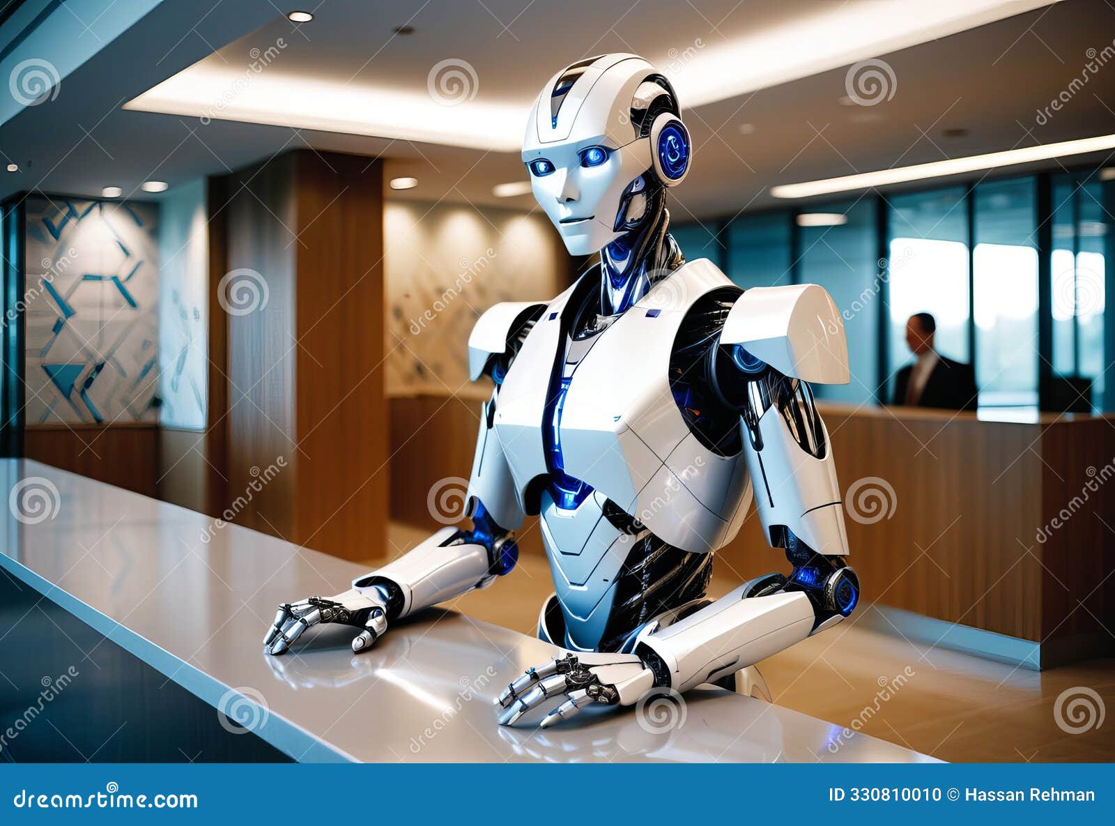 A Humanoid Robot Standing at a Reception Desk in a Modern Office Lobby ...