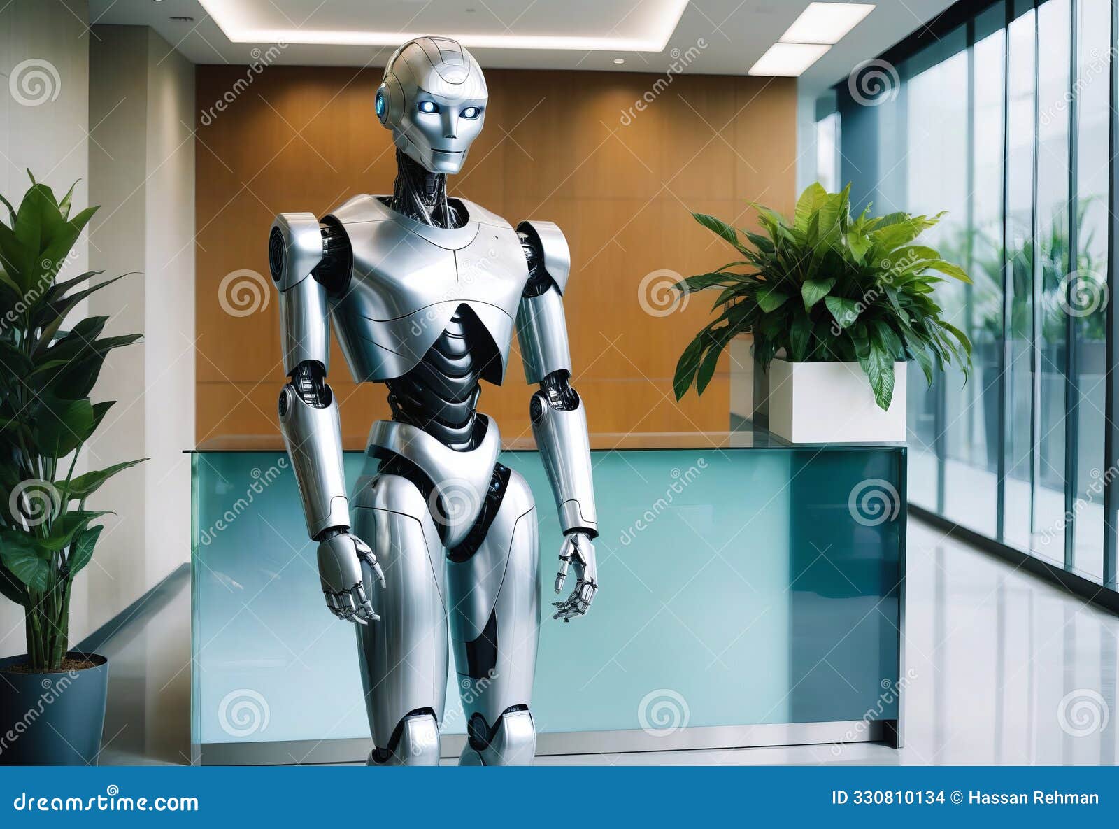 A Humanoid Robot Standing at a Reception Desk in a Modern Office Lobby ...