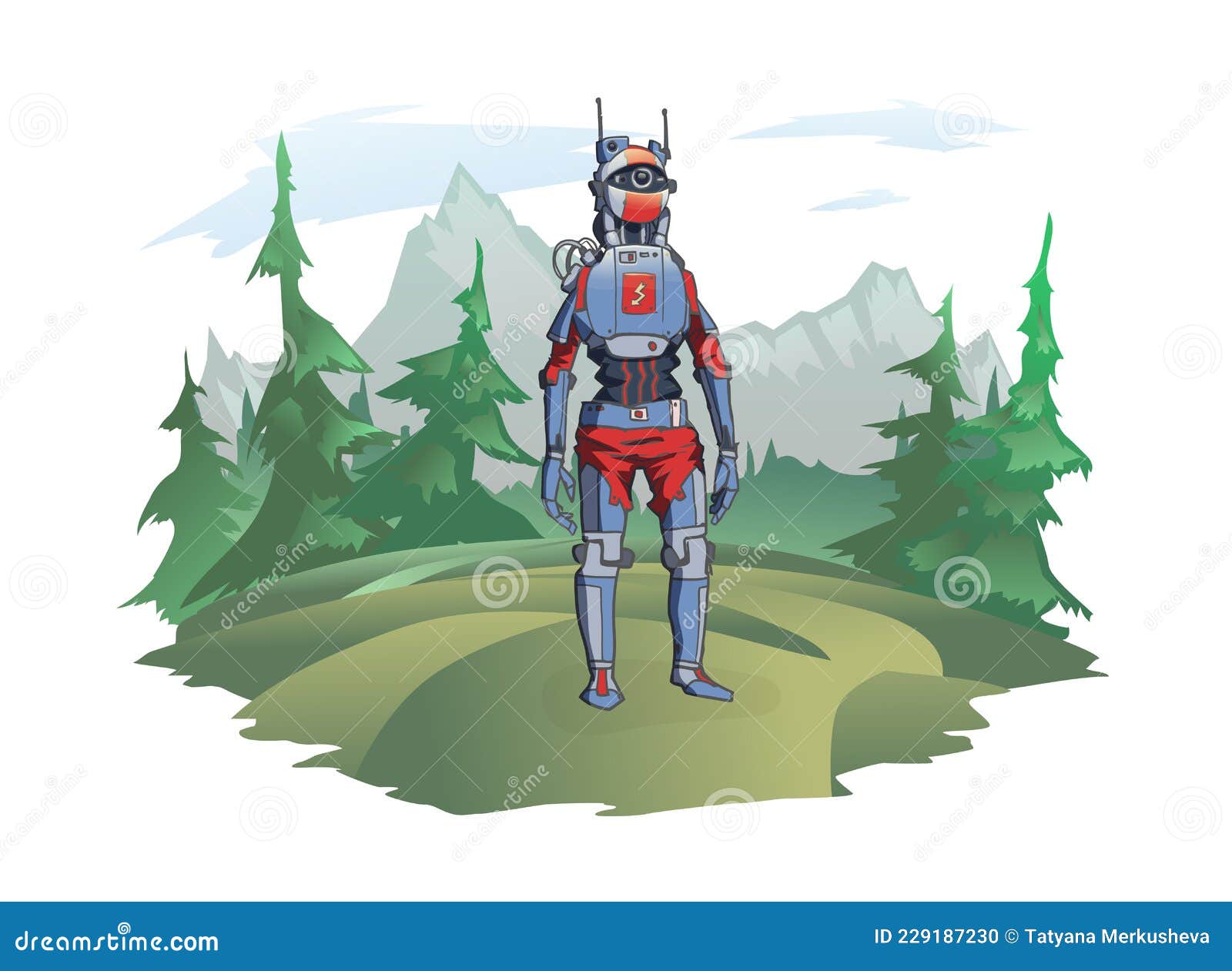 A Humanoid Robot Stands Against The Background Of A Mountain Landscape ...