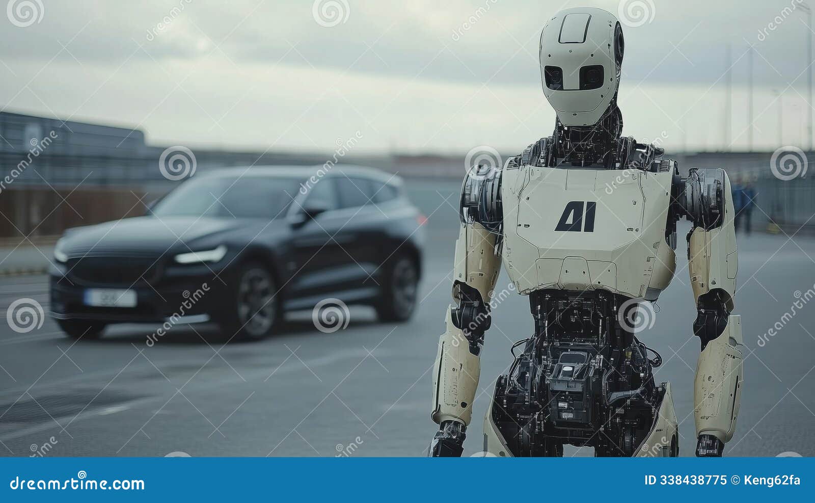 Humanoid Robot Stands Confidently beside Sleek Black Car, Showcasing ...