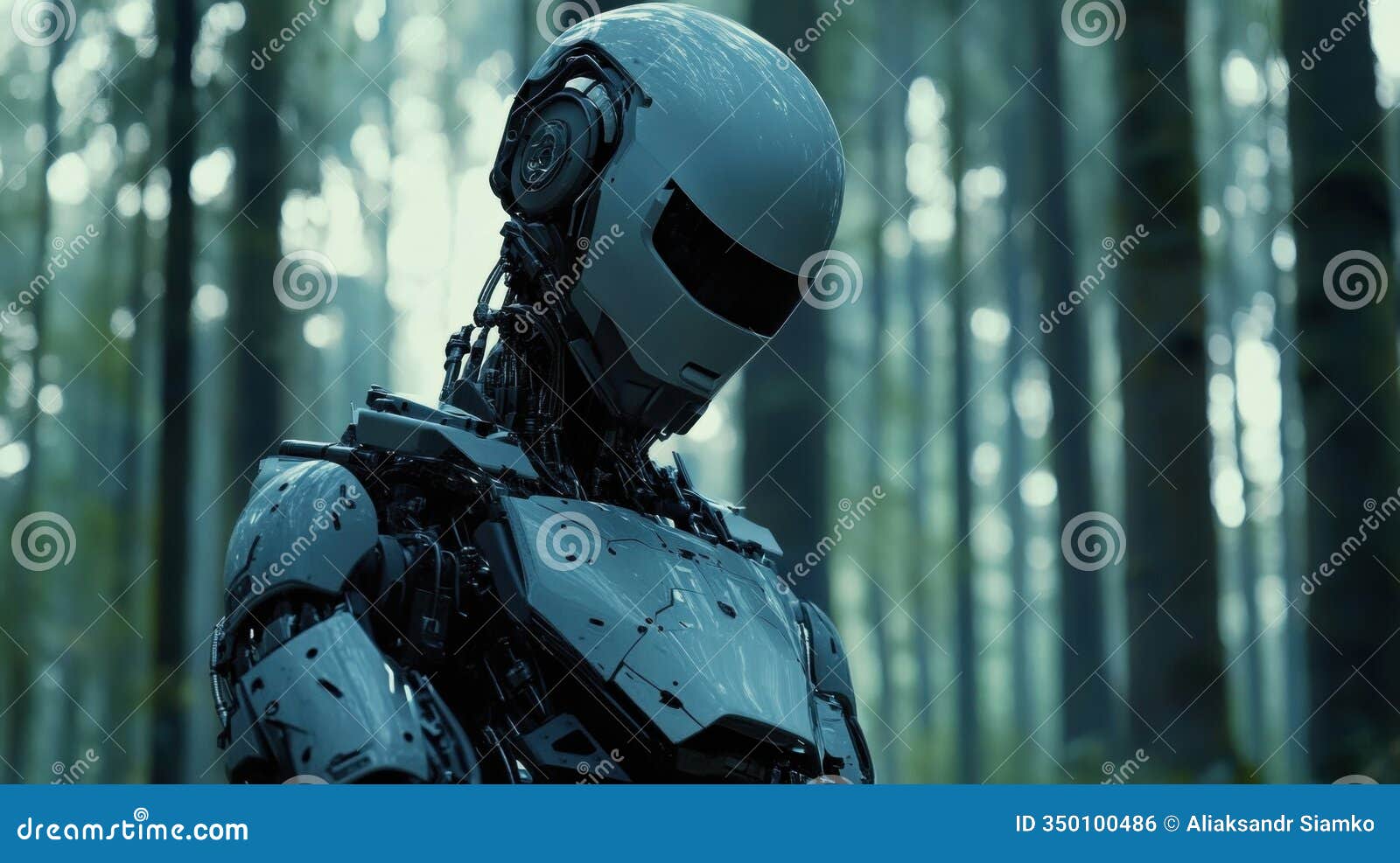 Humanoid Robot Stands in a Dense Misty Forest Stock Illustration ...