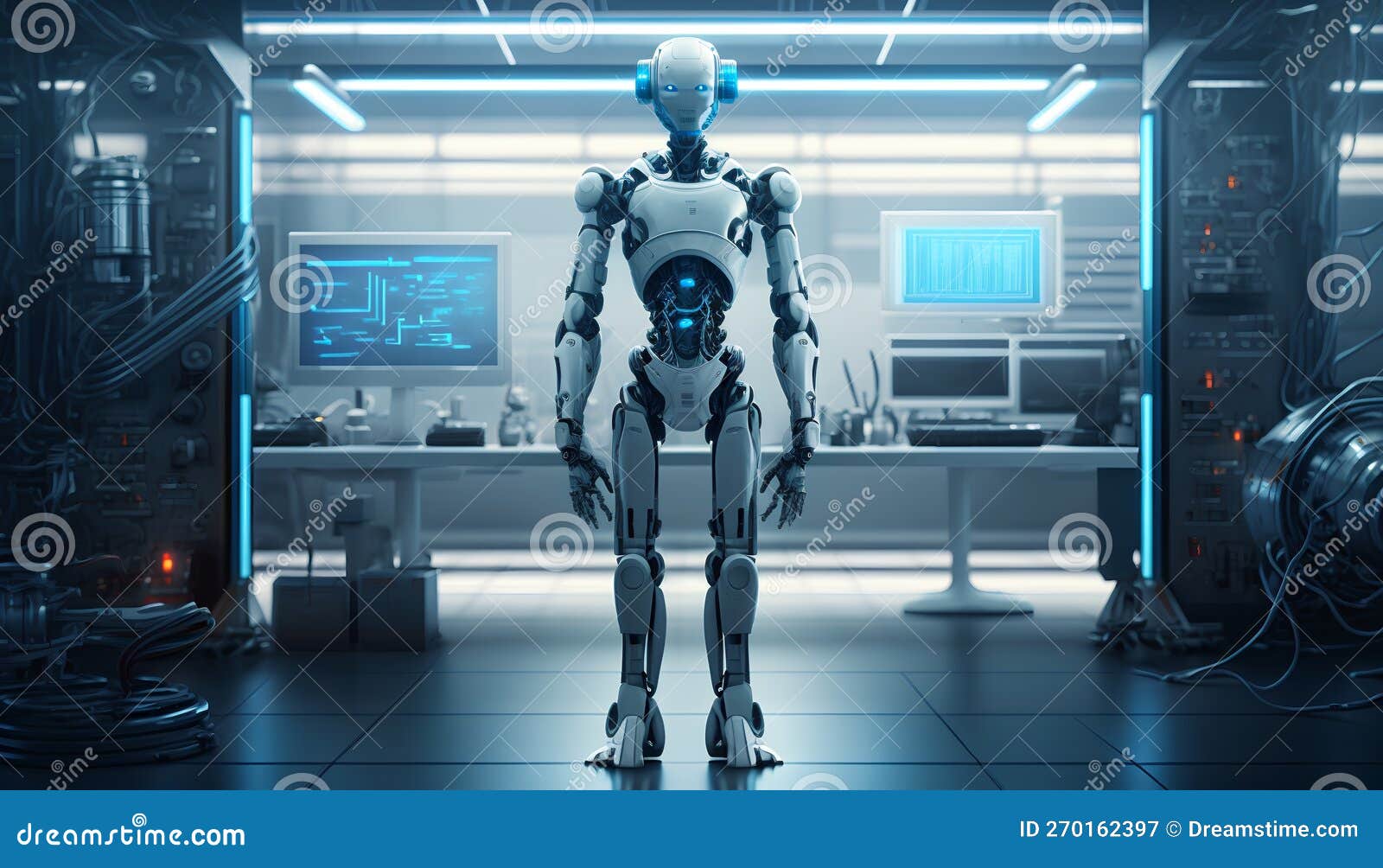 Humanoid Robot Stands In A Sleek White Laboratory Generative Ai Stock