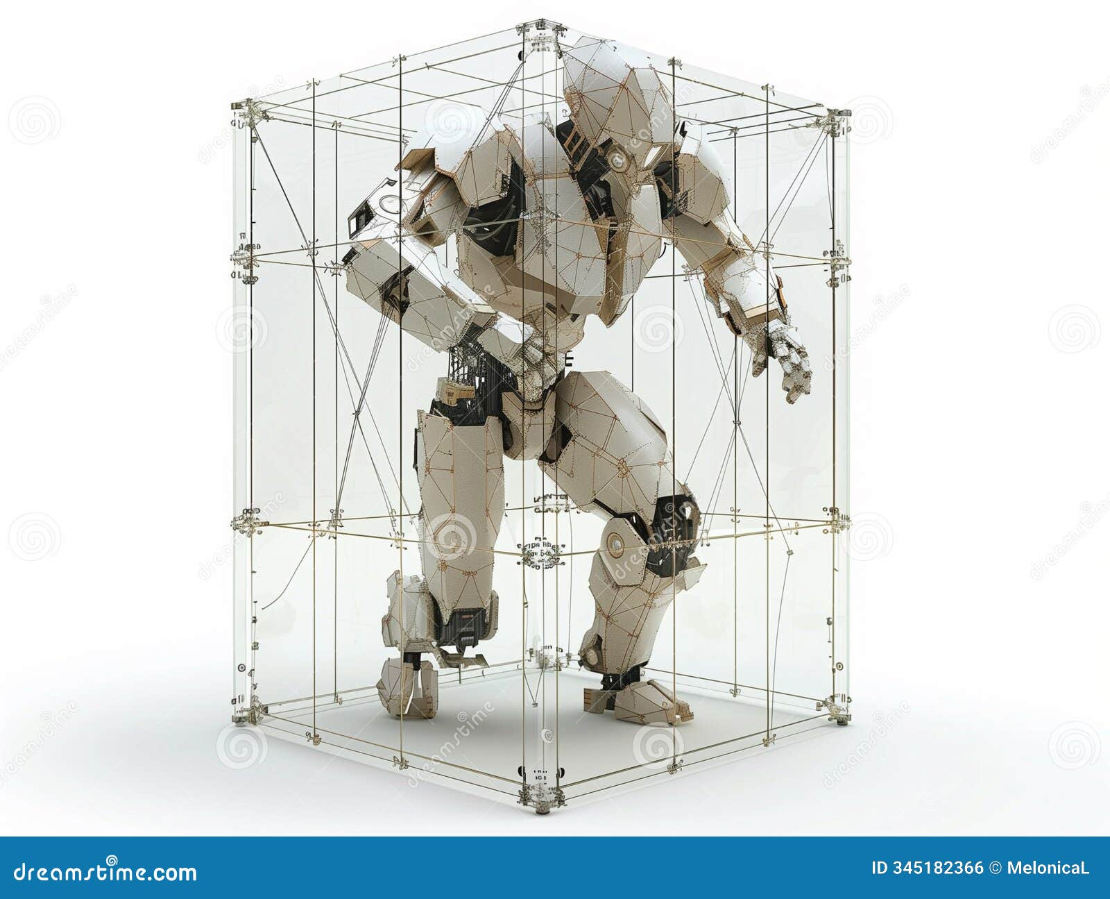 A Humanoid Robot Stands in a Small Cage on a White Background Stock ...