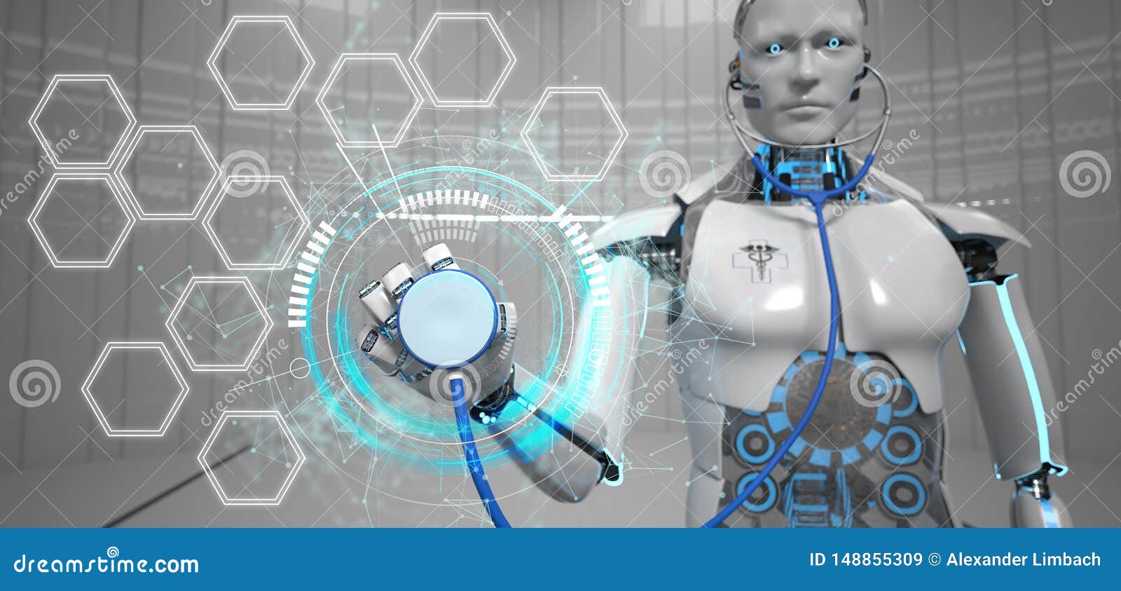 Robot Stethoscope Hexagons HUD Stock Illustration - Illustration of ...