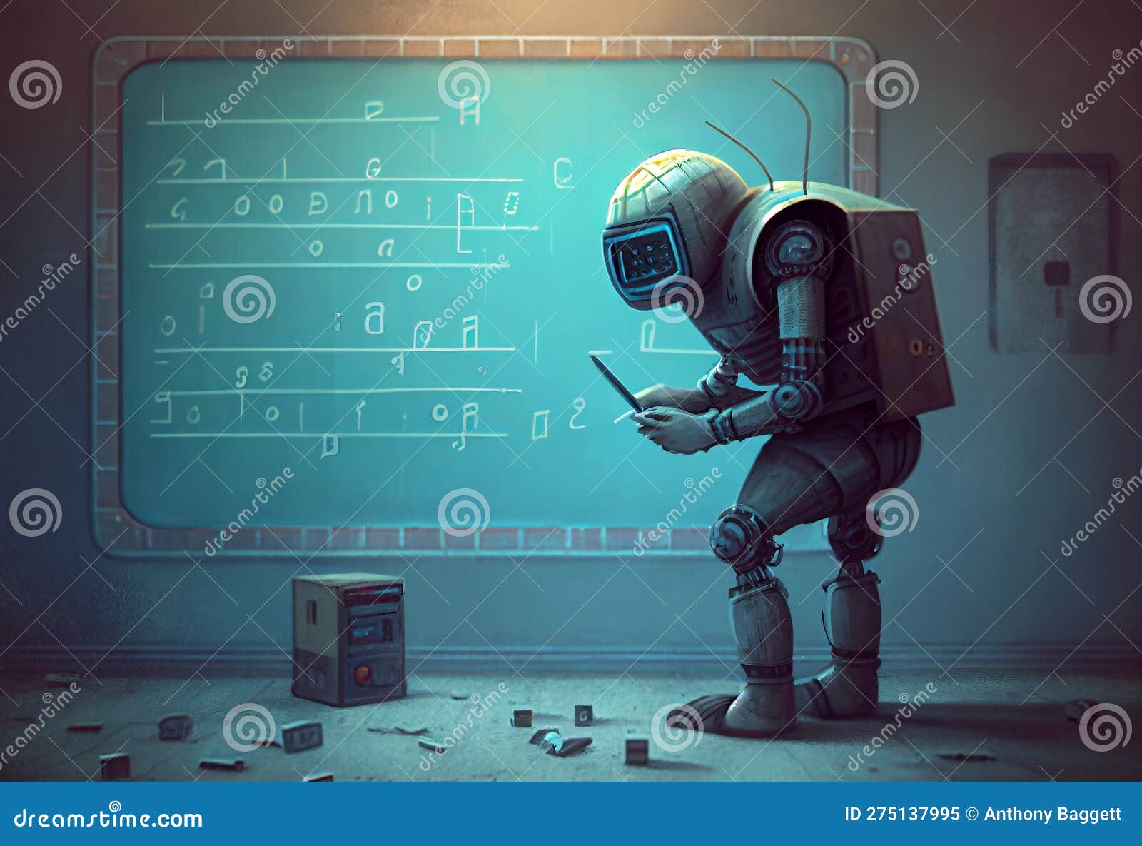 Humanoid Robot Student in Front of a School Classroom Chalkboard while ...