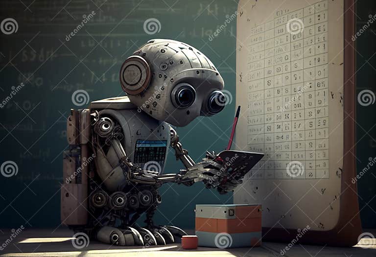 Humanoid Robot Student in Front of a School Classroom Chalkboard while ...