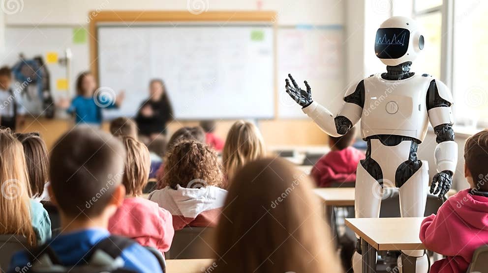 Humanoid Robot Teaching a Classroom of Young Students, Symbolizing the ...