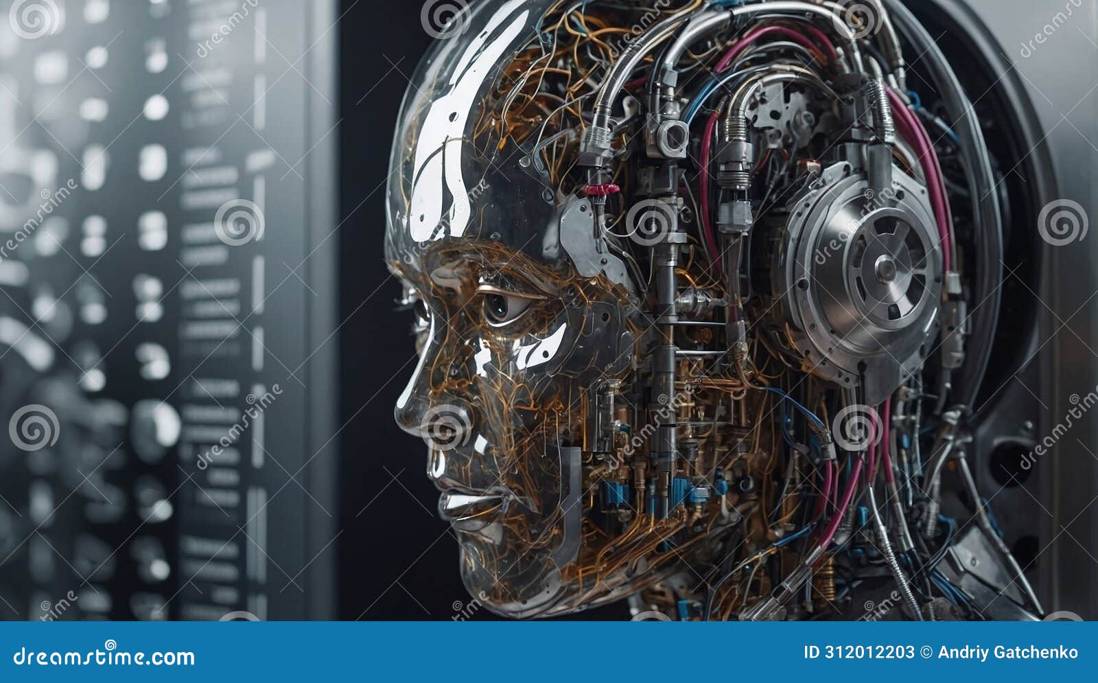 Humanoid Robot with a Transparent Face Plate Behind Which Wires and ... Humanoid Robot with a Transparent Face Plate Behind Which Wires and ...