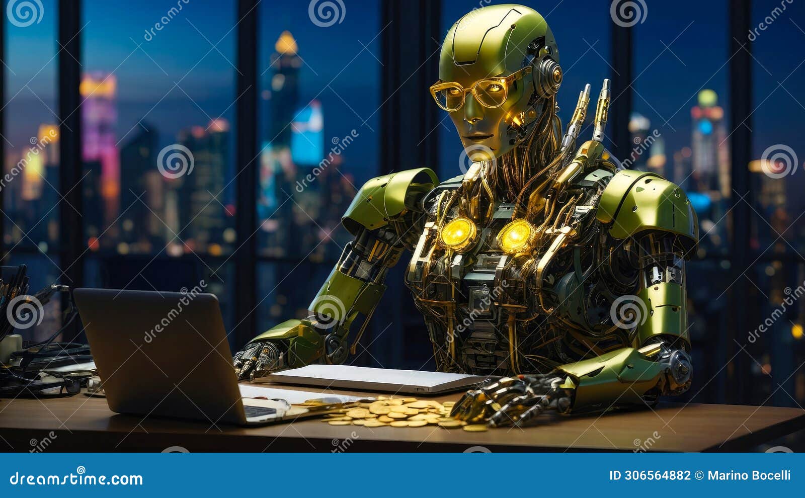Humanoid Robot Using a Thinking Brain Sitting in His Office Counting a ...