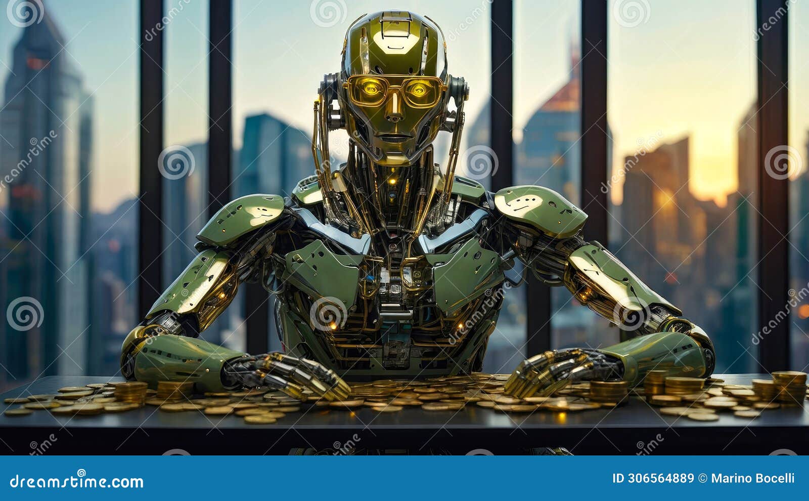 Humanoid Robot Using a Thinking Brain Sitting in His Office Counting a ...