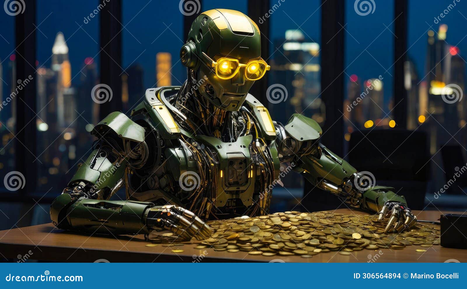 Humanoid Robot Using a Thinking Brain Sitting in His Office Counting a ...