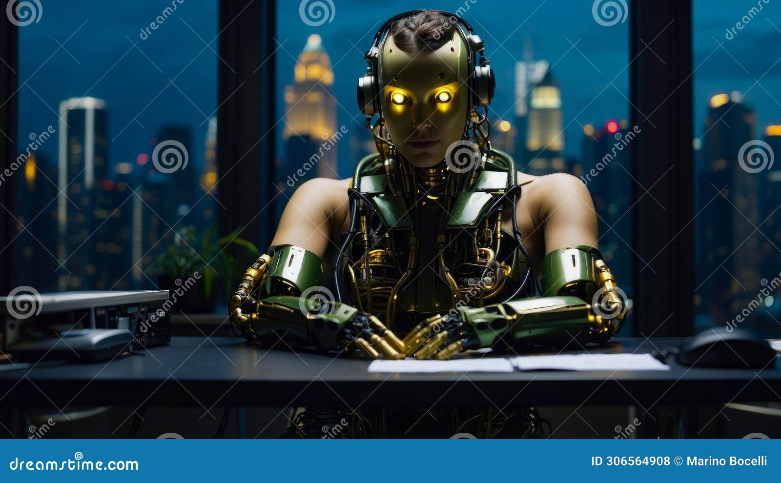 Humanoid Robot Using a Thinking Brain Sitting in His Office Counting a ...
