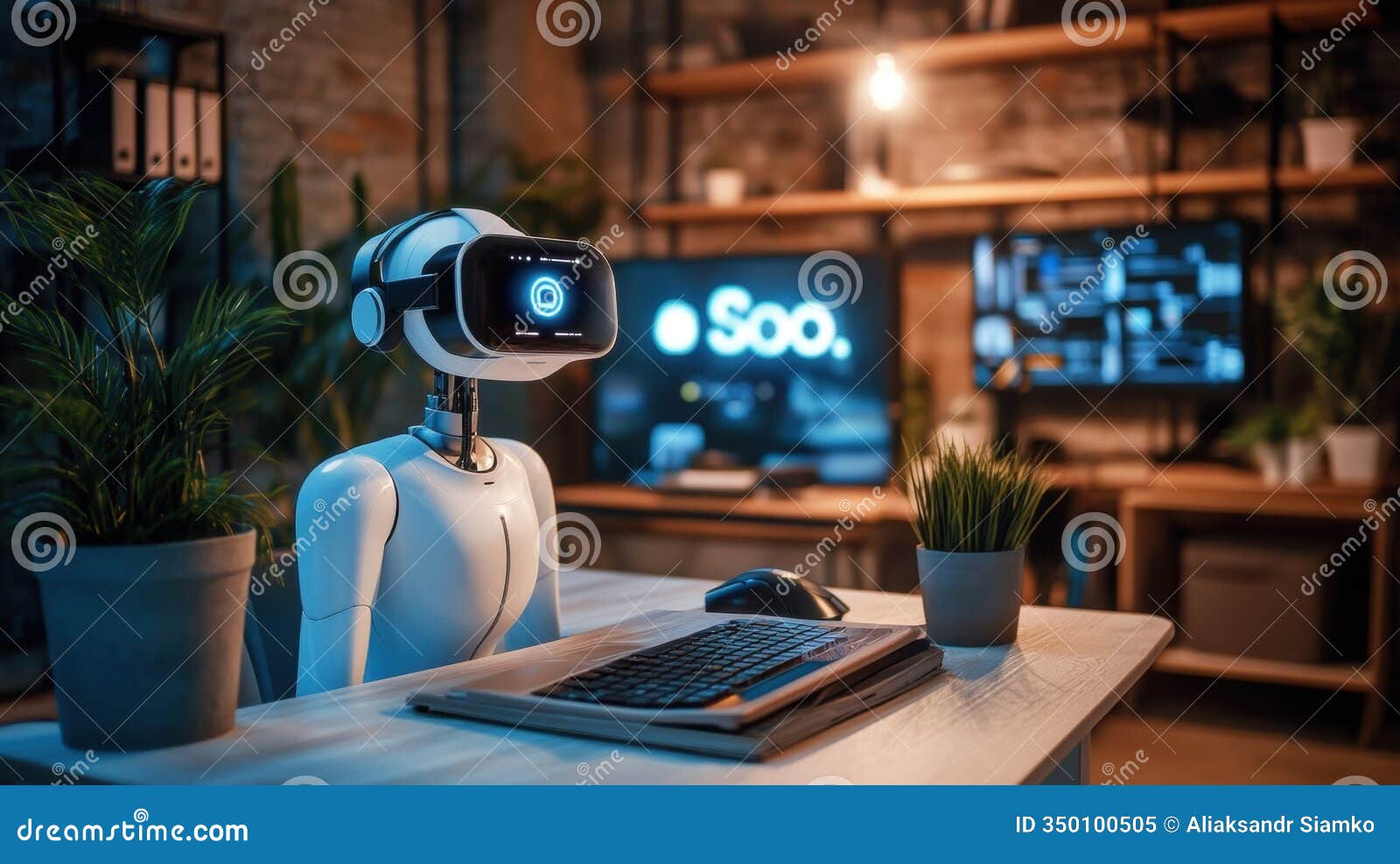 Humanoid Robot with Vr Headset Works at a Computer Desk Stock ...