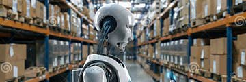 Humanoid Robot in a Warehouse with Shelves of Boxes. Concept of AI ...