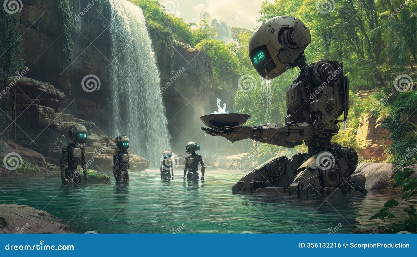 Humanoid Robot by Waterfall in Lush Rainforest Stock Photo - Image of ...