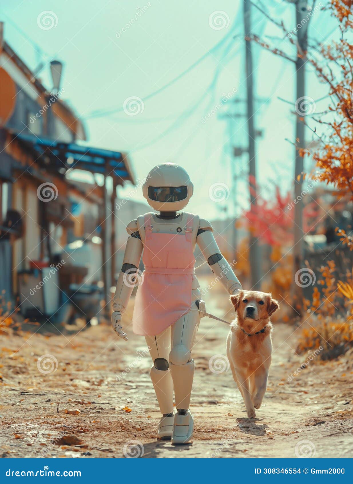 A Humanoid Robot Wearing an Apron Walking with a Dog.generative Ai Art ...