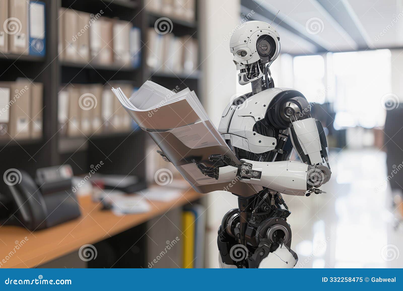Humanoid Robot on Wheels Carrying and Distributing Documents in an Office, AI Generated Stock ...