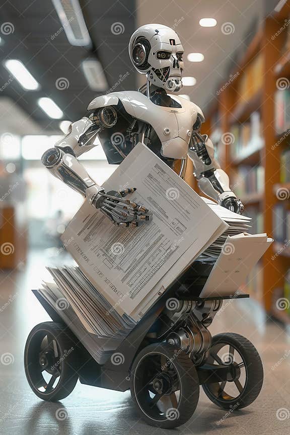 Humanoid Robot on Wheels Carrying and Distributing Documents in an Office, AI Generated Stock ...