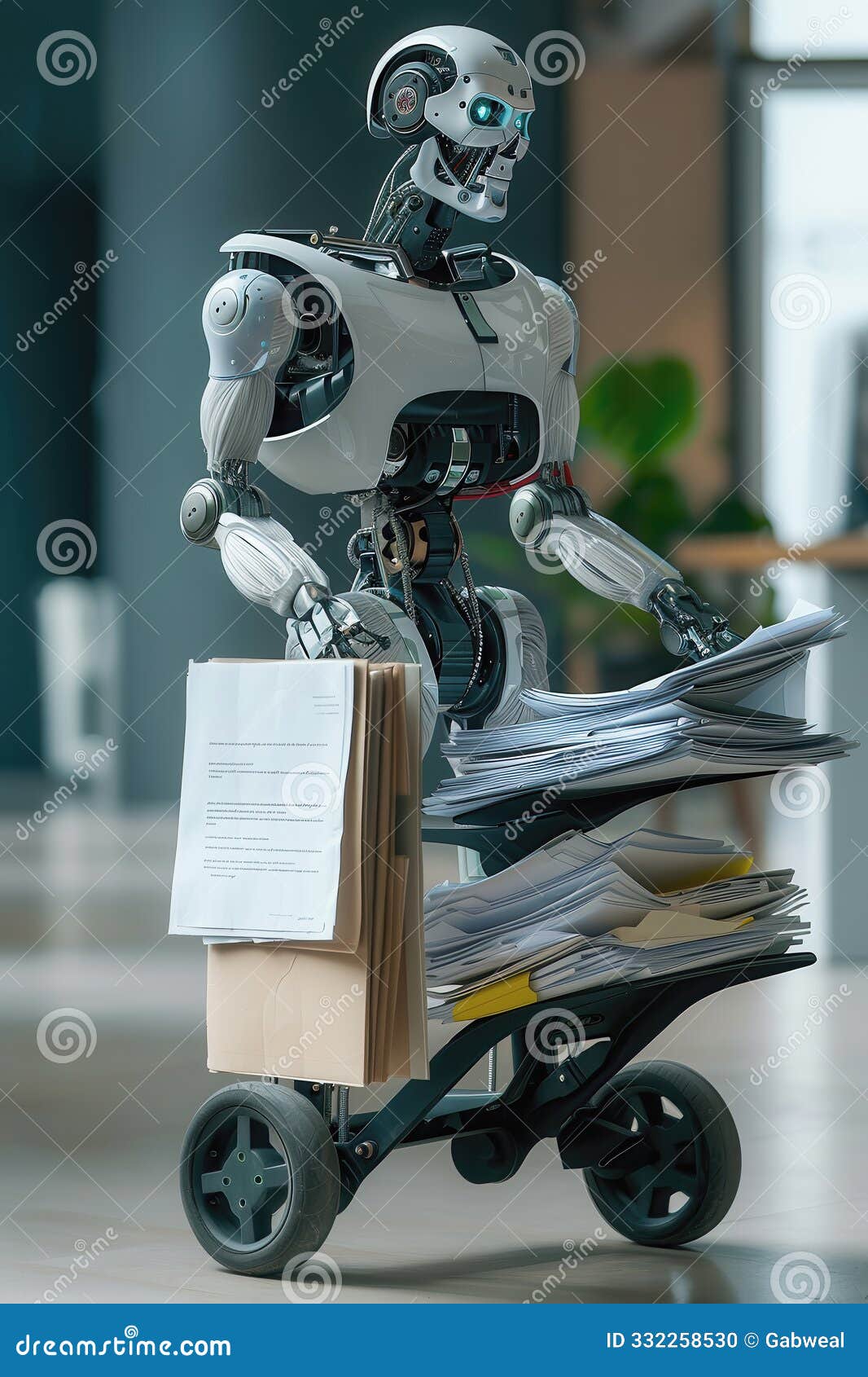 Humanoid Robot On Wheels Carrying And Distributing Documents In An Office, AI Generated Royalty ...