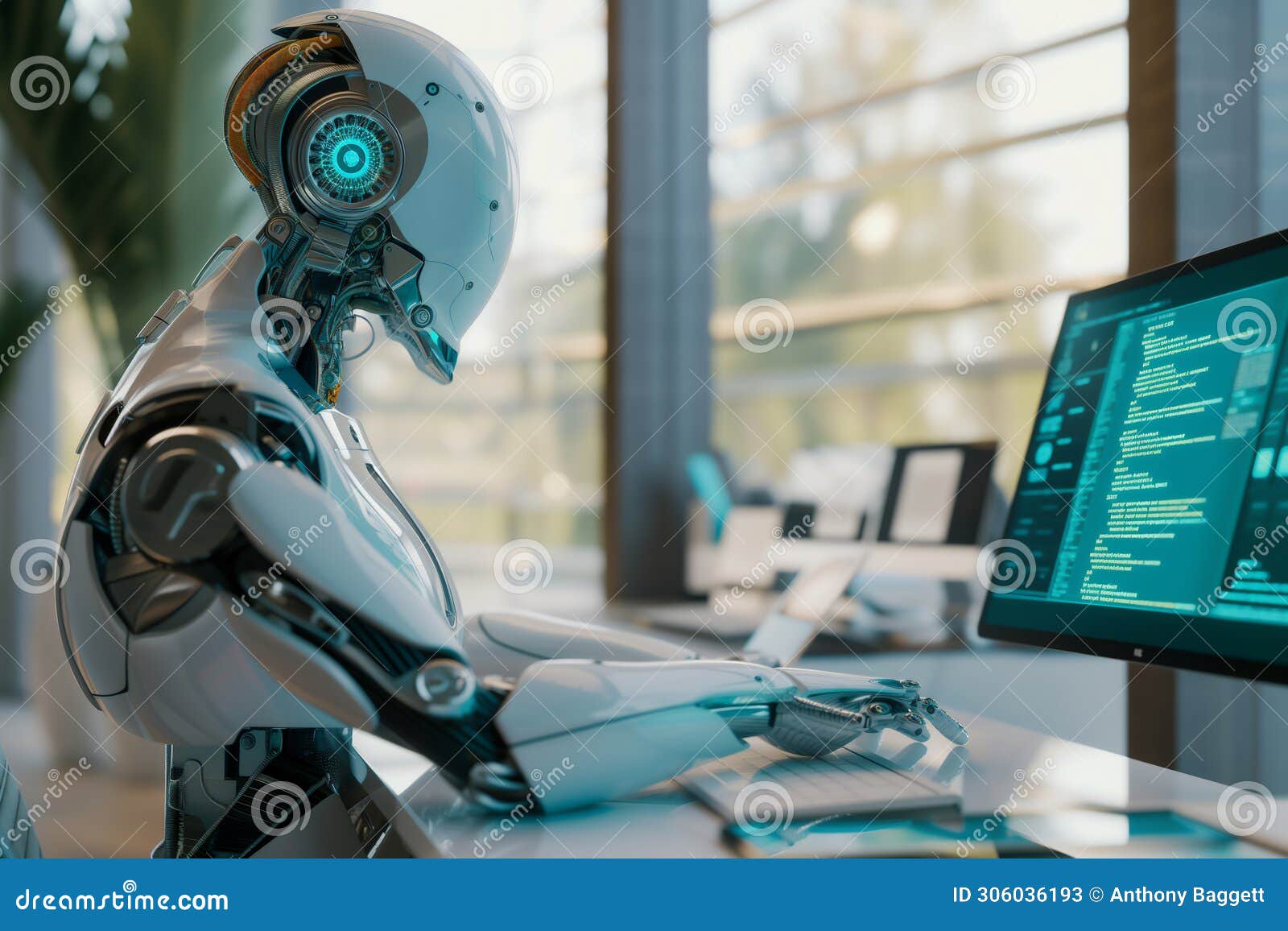 Humanoid Robot Worker Working in an Office on a Computer Stock ...