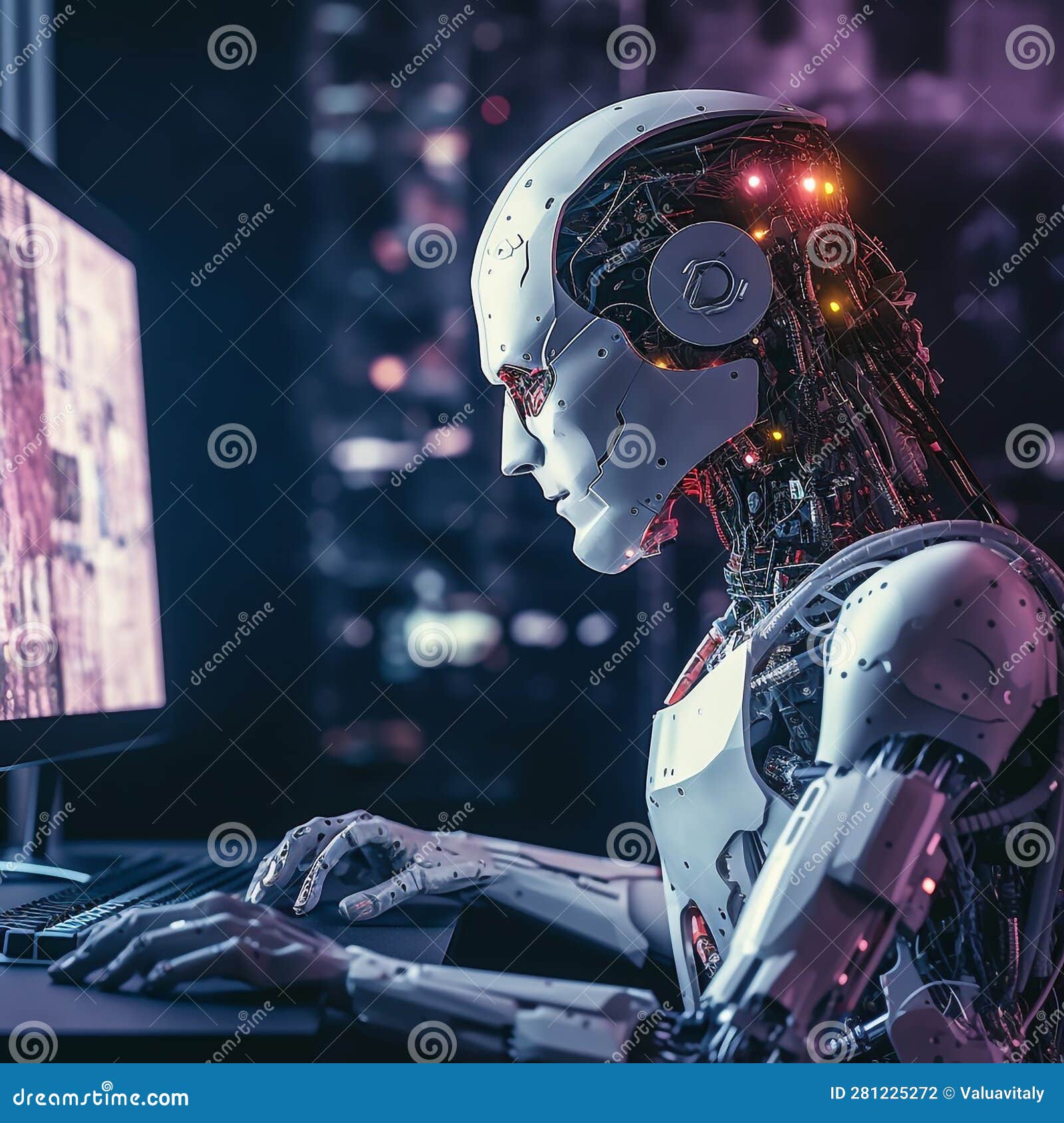 Humanoid Robot Working with a Computer in a Dark Room. Robot Typing on ...