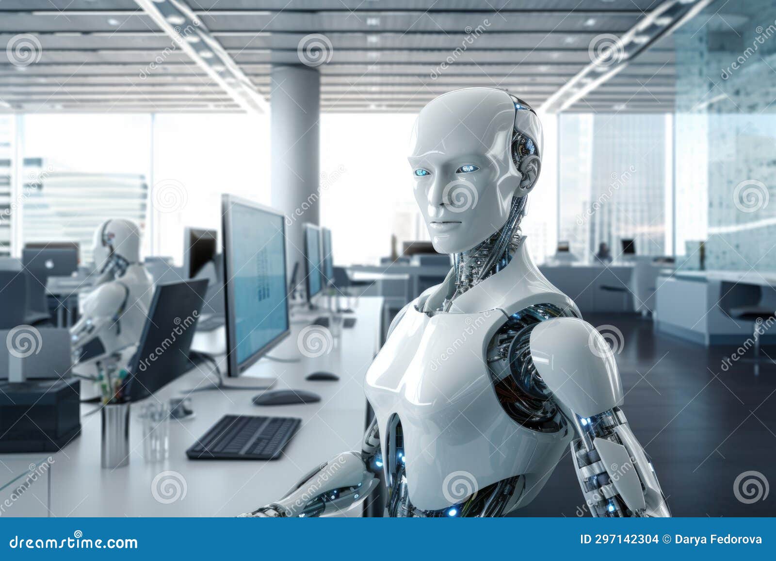 Humanoid Robot Working at Computer in Office Room. Working Robot Stock ...