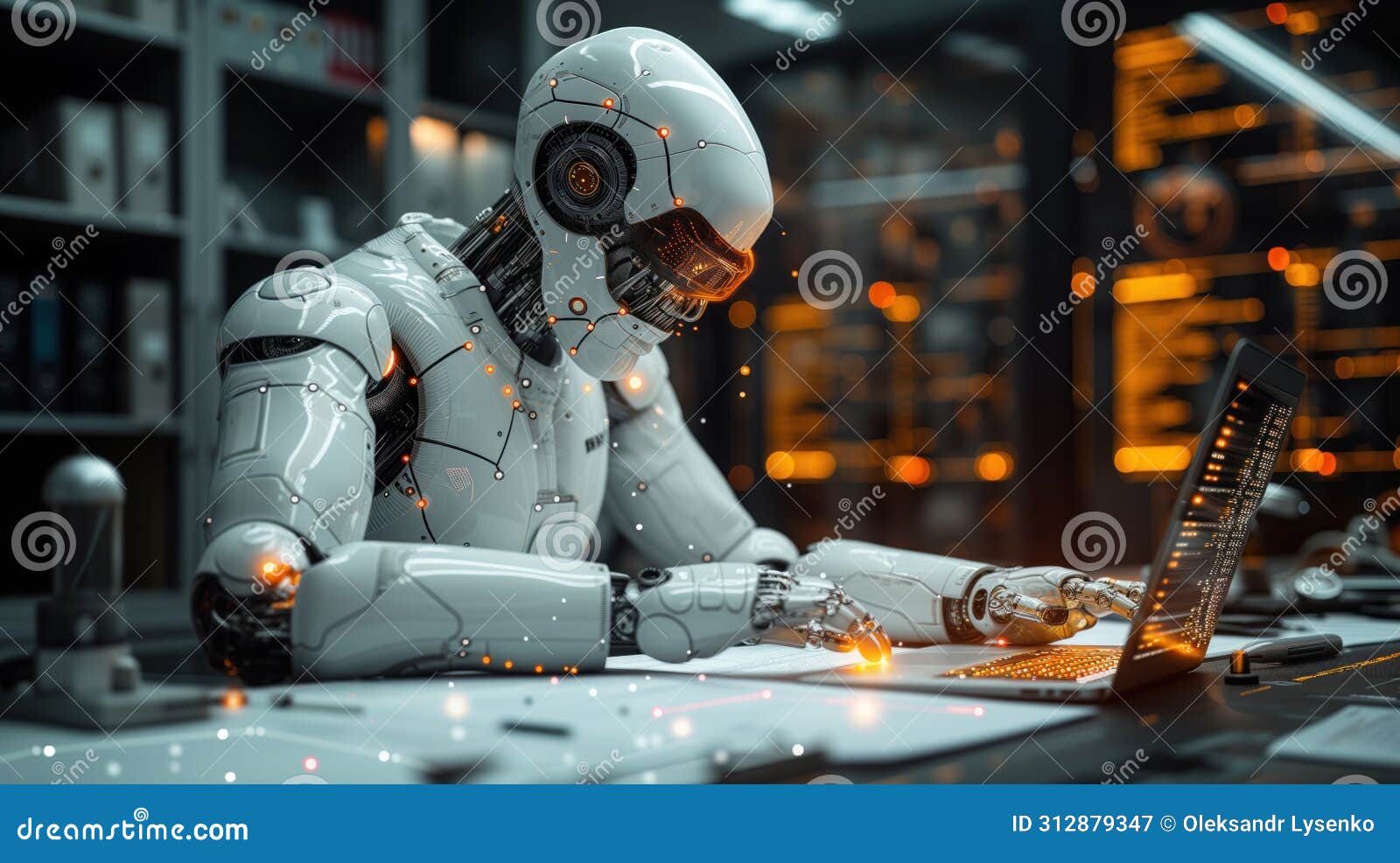 Humanoid Robot Working on a Computer Stock Illustration - Illustration ...