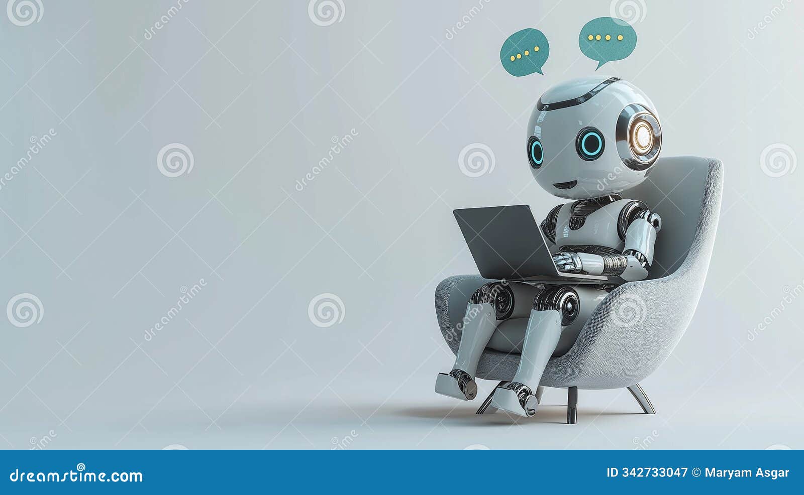 Humanoid Robot Working with Laptop and Floating Icons Representing ...
