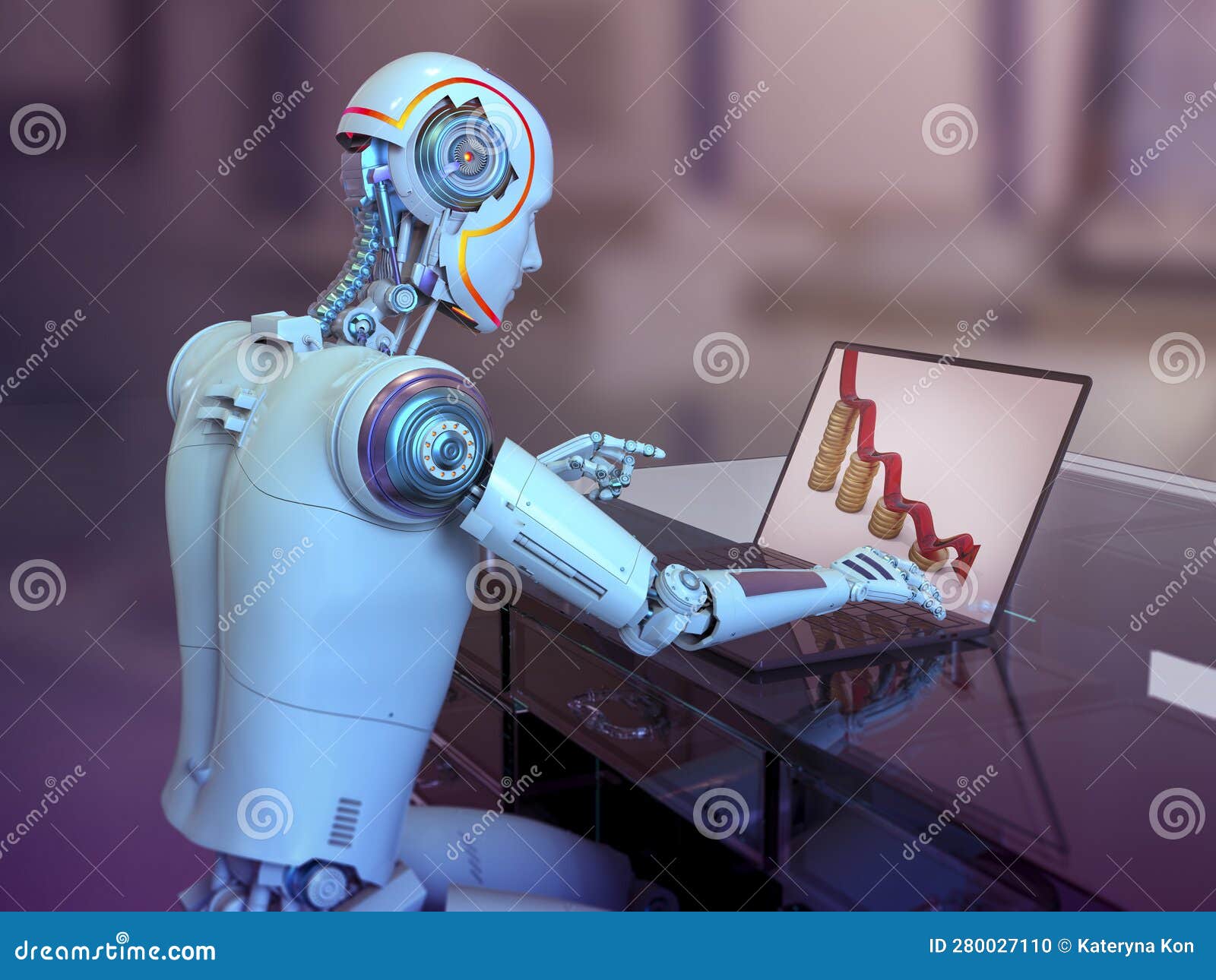 A Humanoid Robot Working with Laptop Studying Economy Chart, Conceptual ...