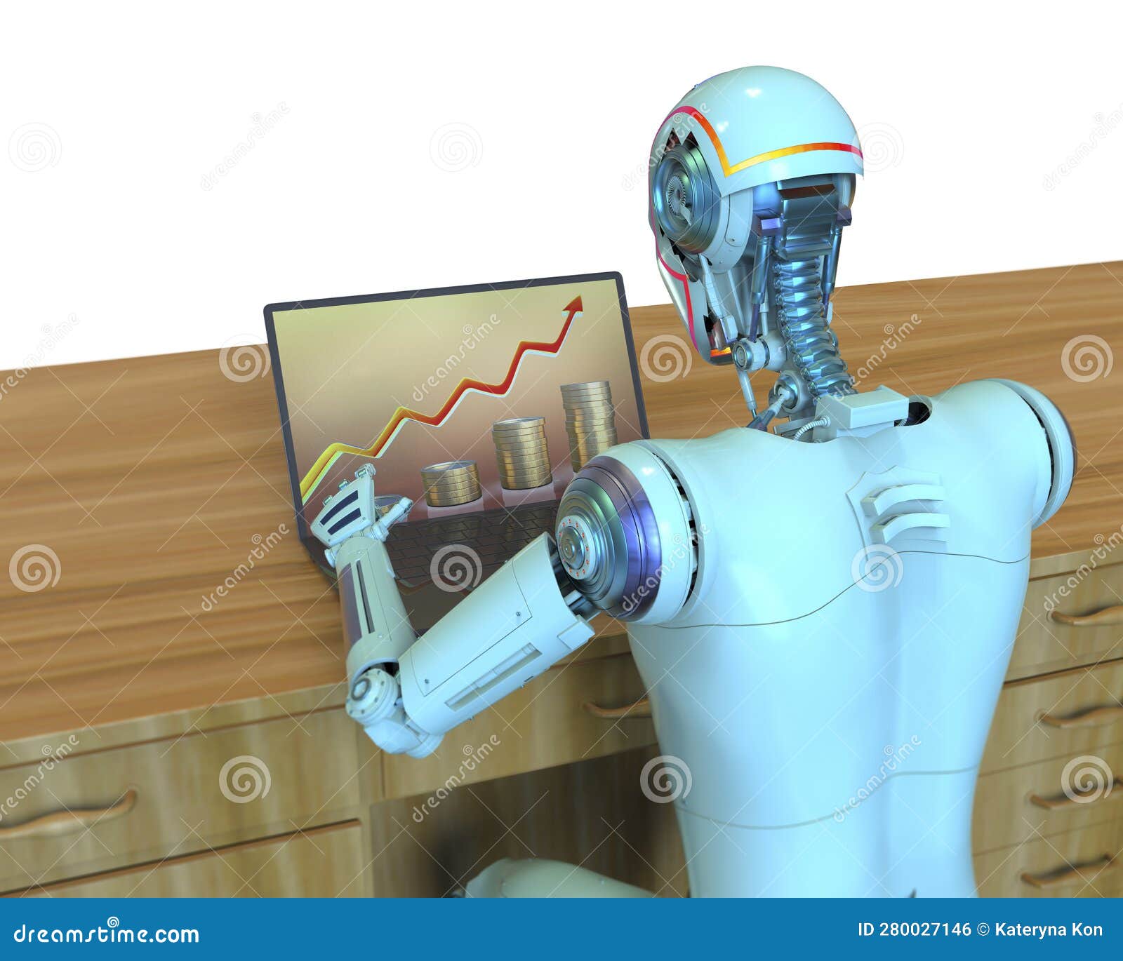 A Humanoid Robot Working with Laptop Studying Economy Chart, Conceptual ...