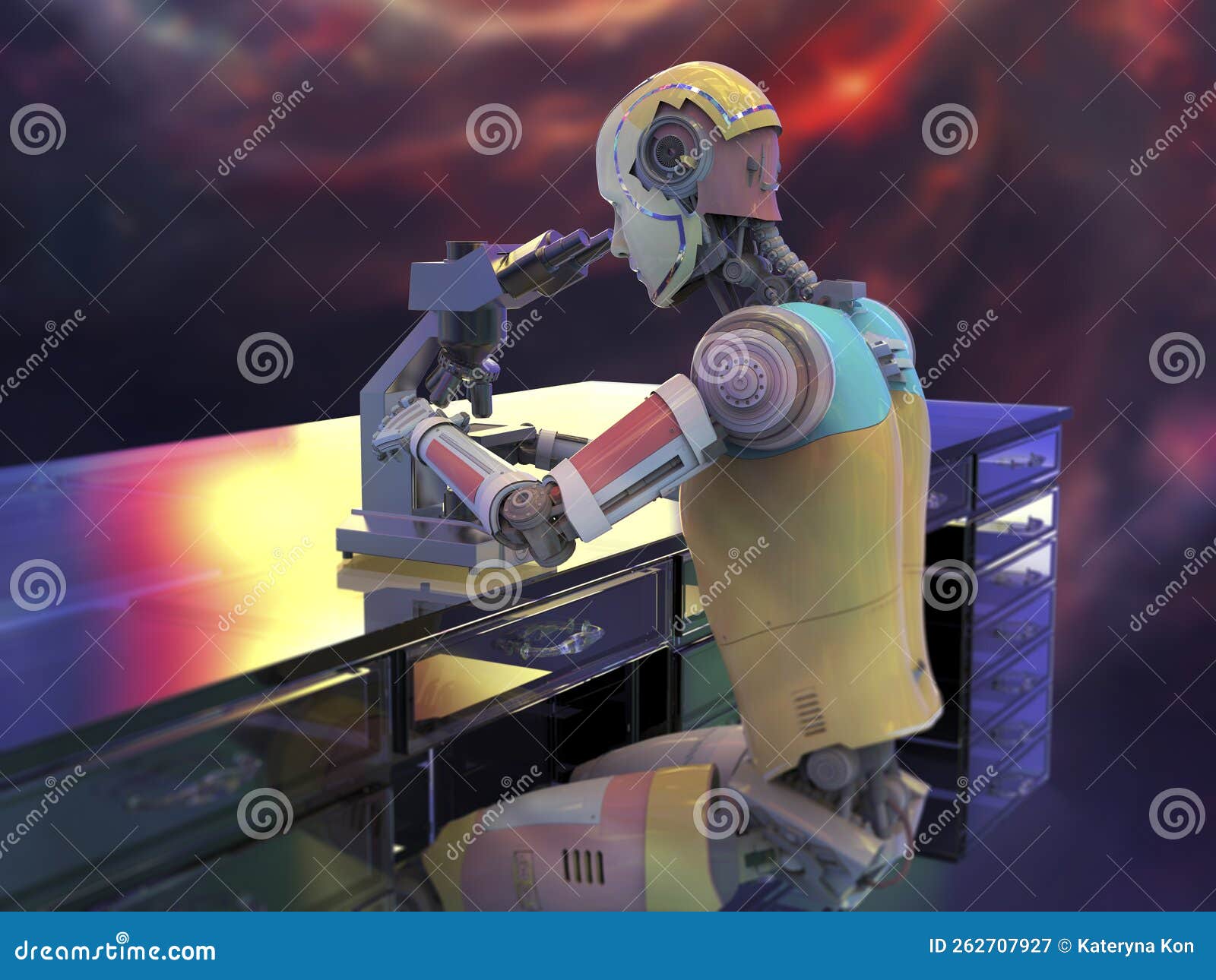 Humanoid Robot Working with Microscope, Illustration Stock Illustration ...